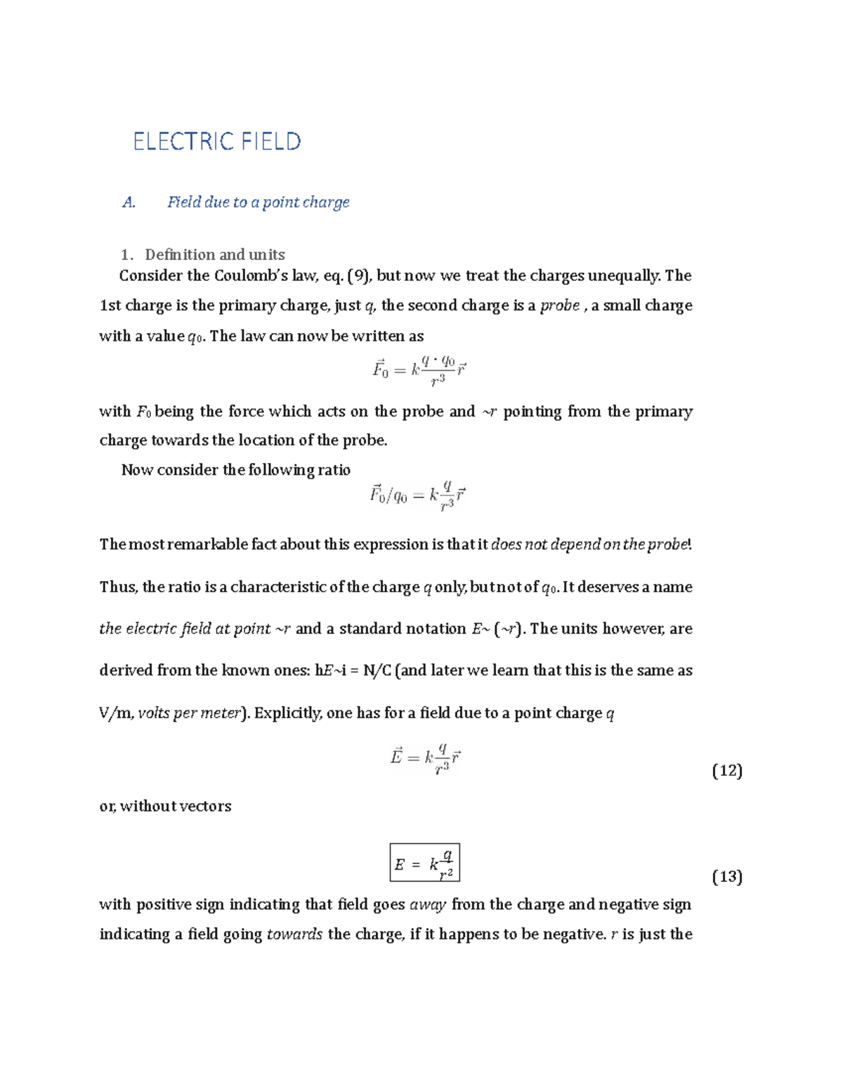 Electric Field - Student Notes on Point Charges and Superposition - Studocu
