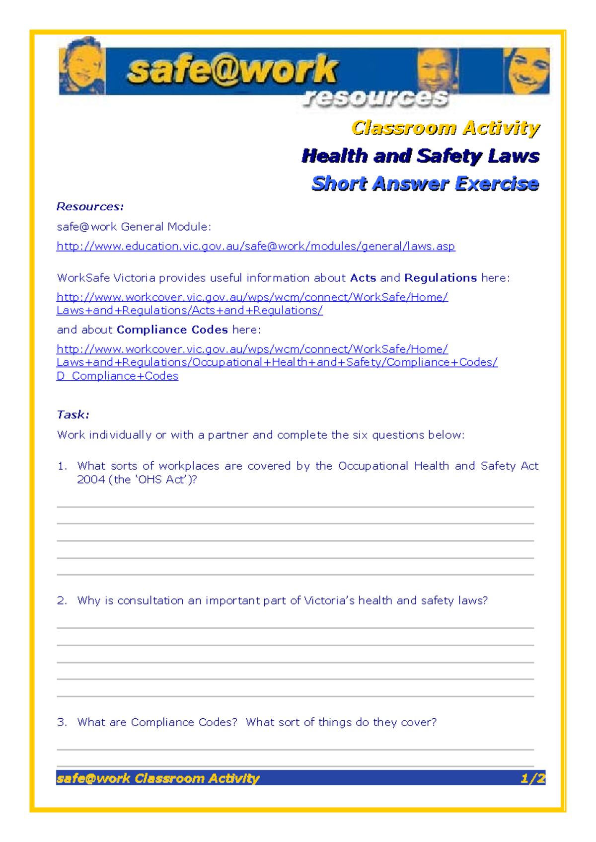 Health and Safety Laws Short Answer Exercise (Module: WorkSafe Vic ...