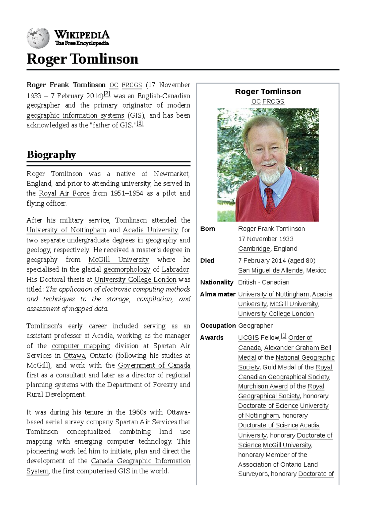 Roger Tomlinson - Father of GIS - Roger Tomlinson OC FRCGS Born Roger ...