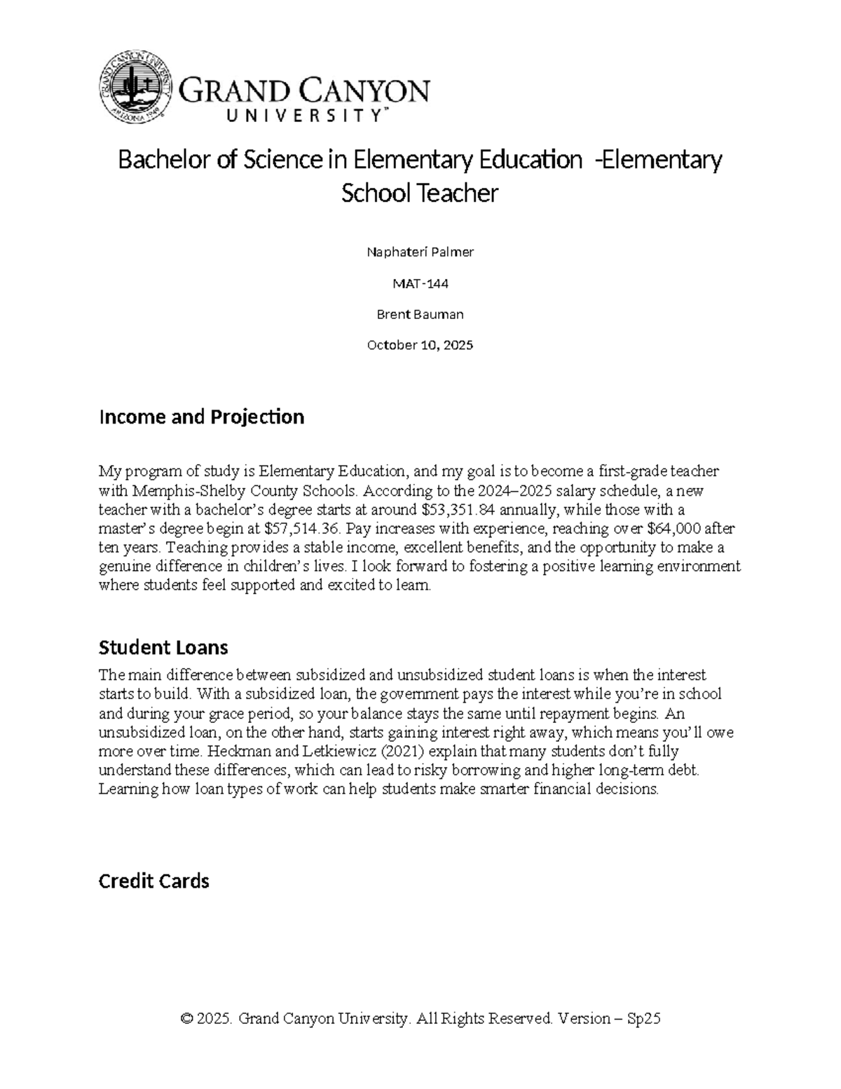 Income Projections and Financial Literacy in Education - MAT-144-RS-ONL ...