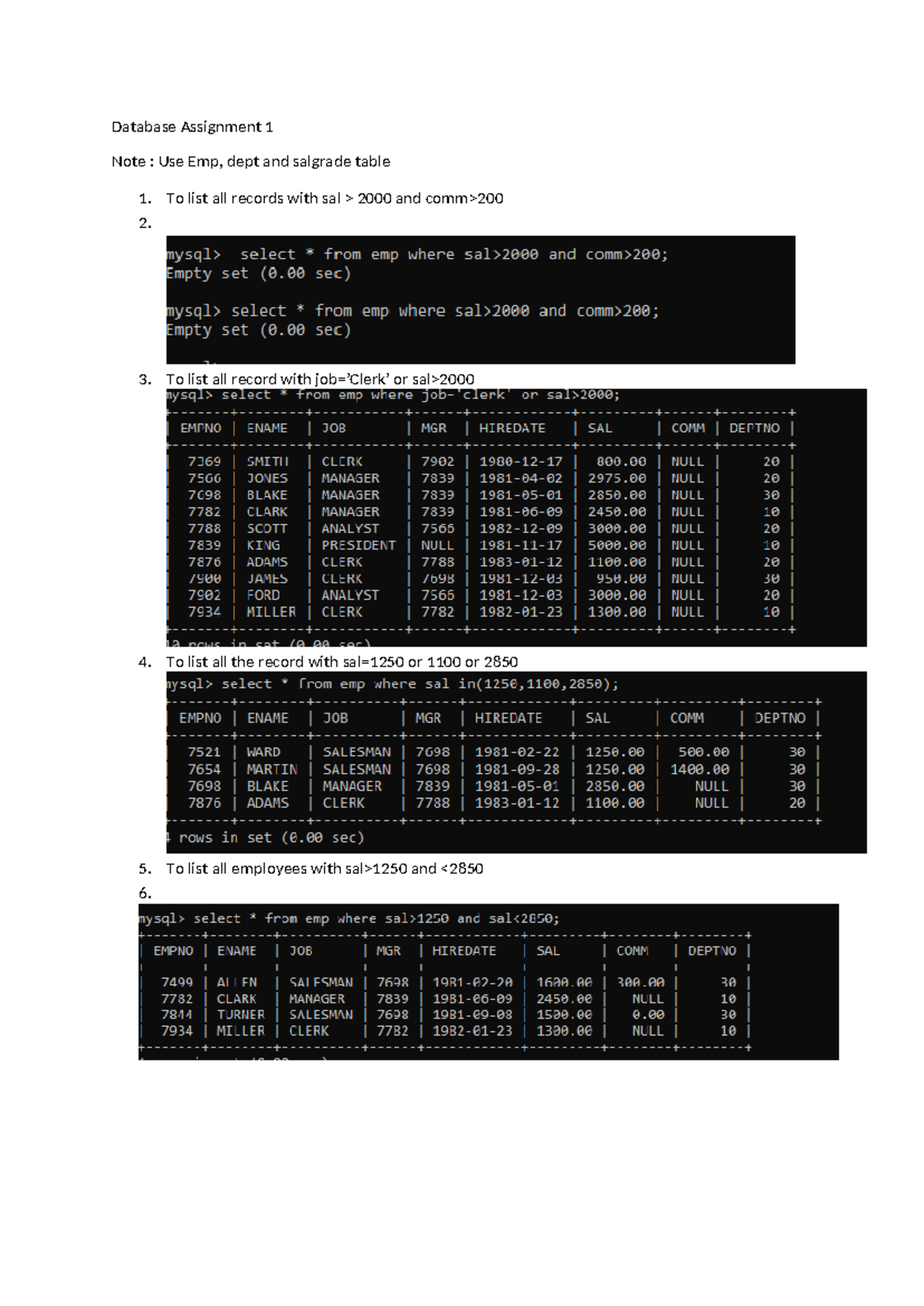 Database Assignment 1 - SQL Queries on Emp, Dept, and Salgrade Tables - Studocu