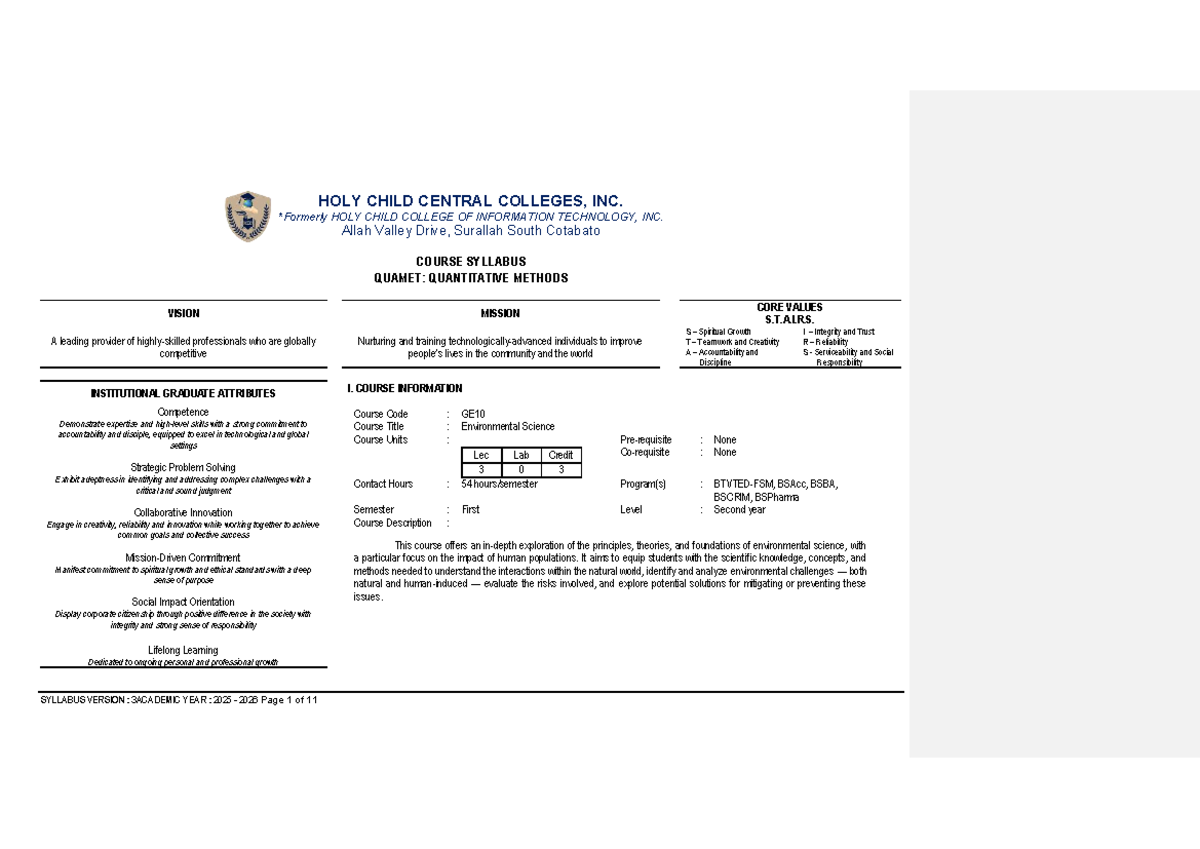 GE10 Syllabus: Environmental Science Course Overview and Outcomes - Studocu