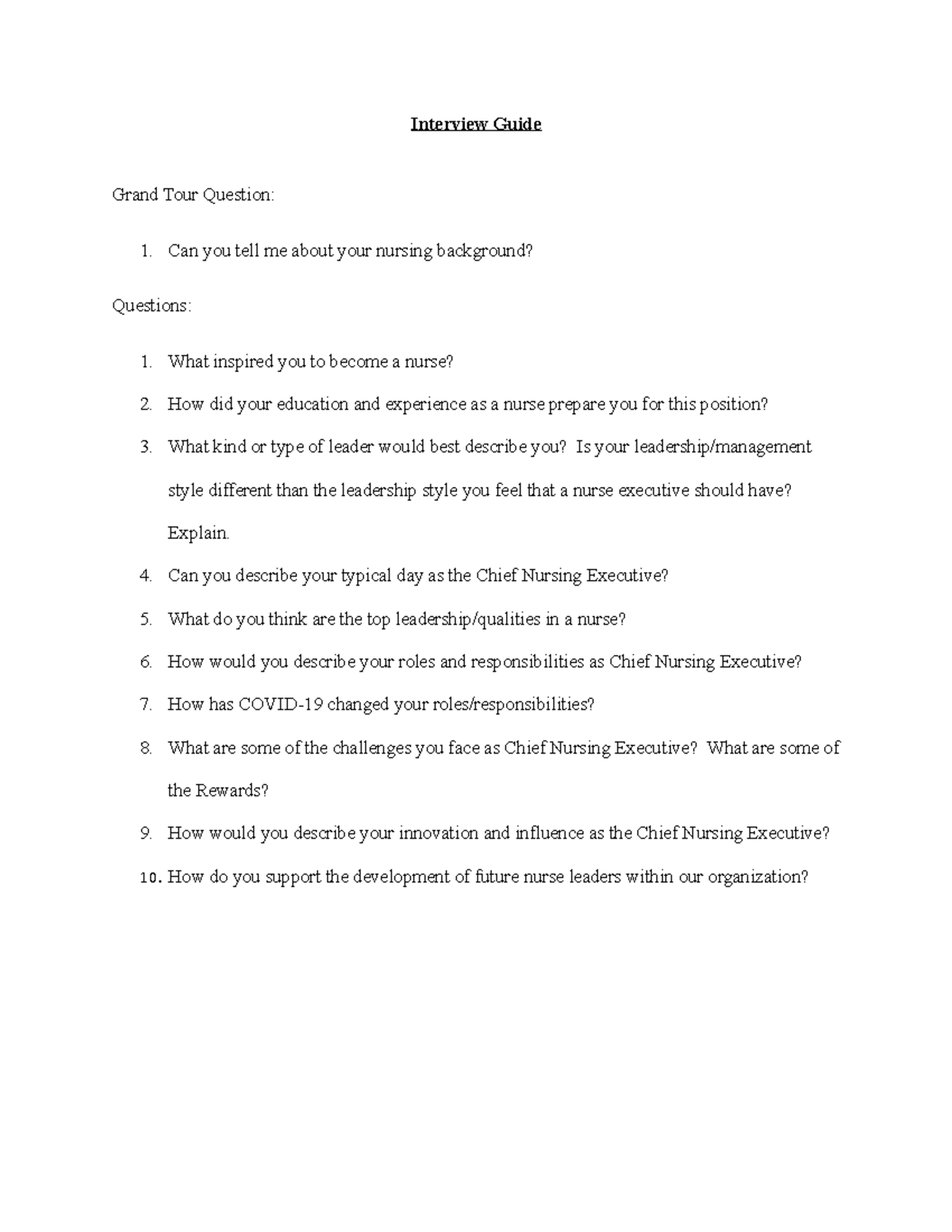 D030 Nursing Leadership Interview Guide for Executives - Studocu