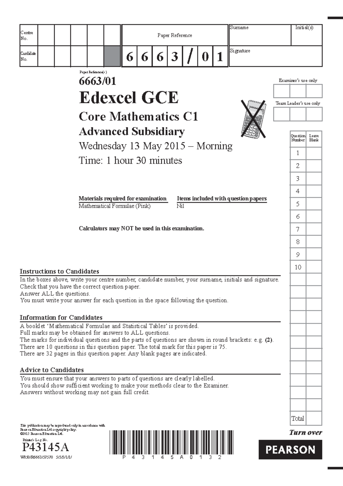Edexcel GCE Core Math C Practice Paper for AS Level Exam - Studocu