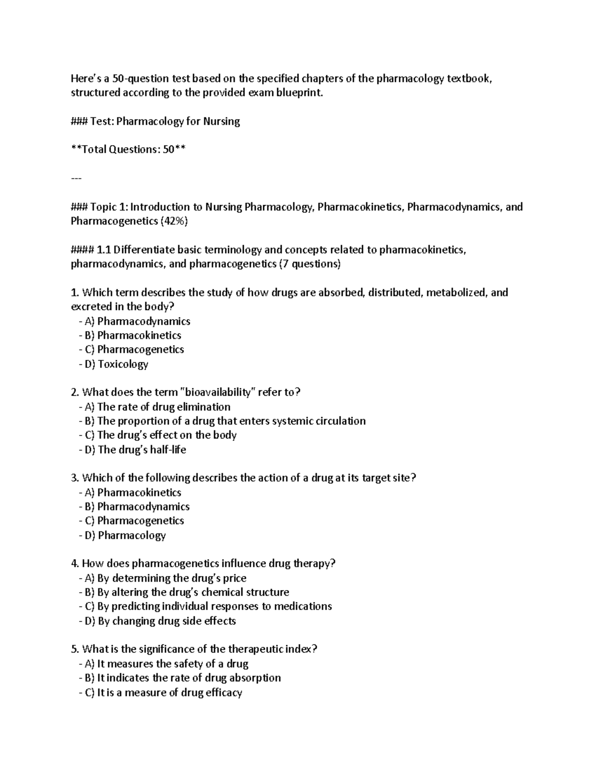 Pharm Exam 1 Study Guide - Practice Test with 50 Questions - Studocu