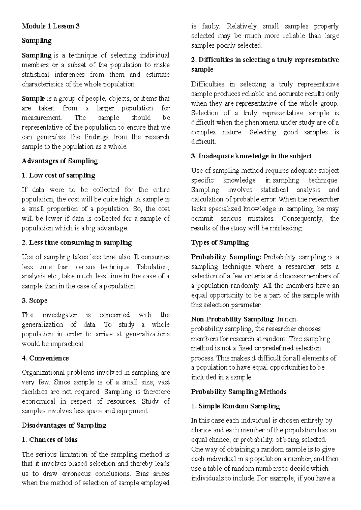 Statistical Analysis with Software Application: Module 1 Lesson 3 on Sampling - Studocu
