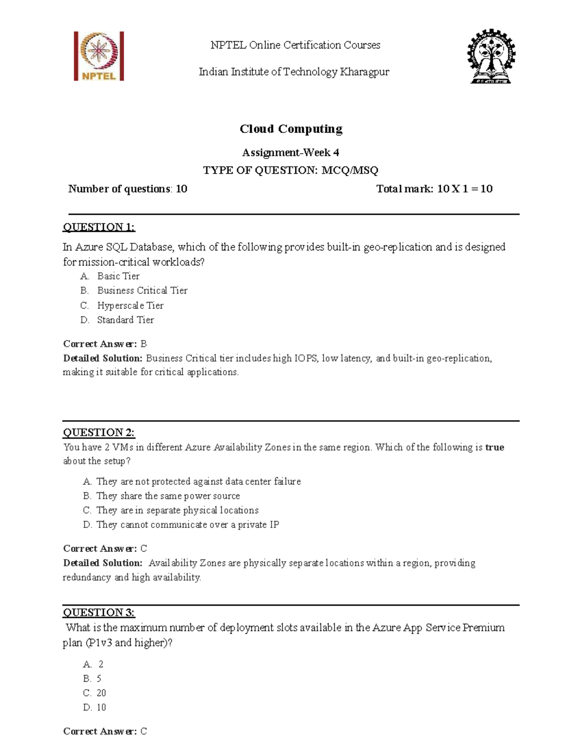 NPTEL CC Assignment 4 - Cloud Computing Questions and Solutions - Studocu