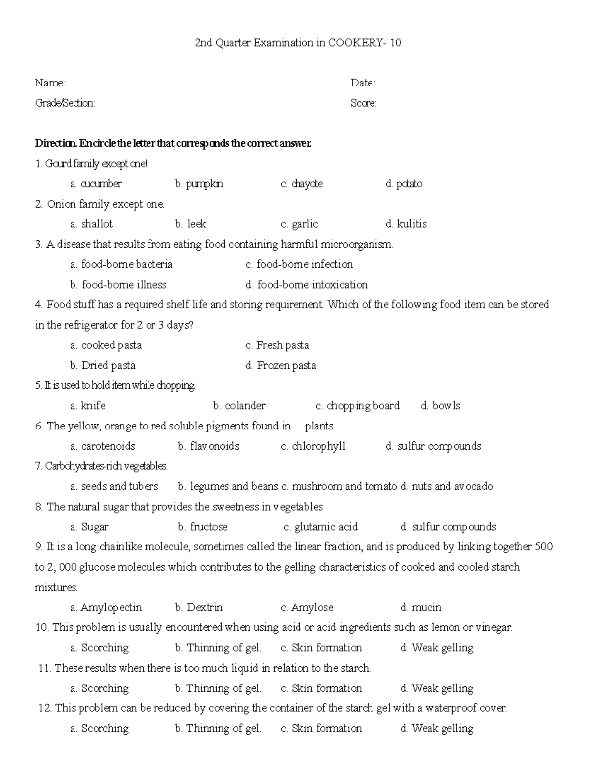 2nd Quarter COOKERY Exam - Questions & Answers (Course 10) - Studocu