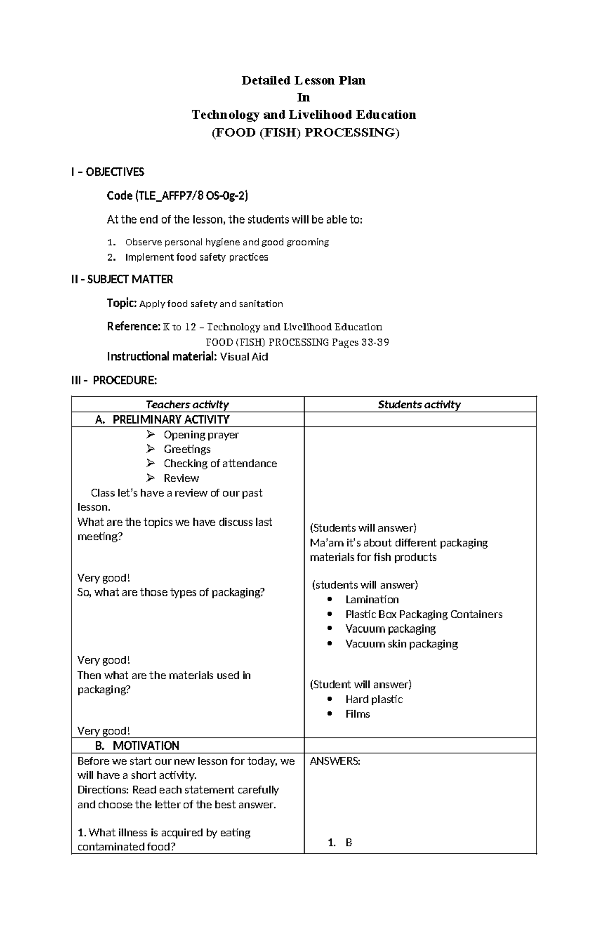 408645865 Final Lesson Plan: Food Safety & Sanitation Guide - Studocu