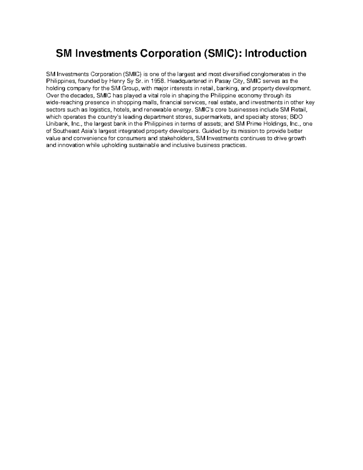 SM Investments Corporation (SMIC): Overview and Key Insights - Studocu