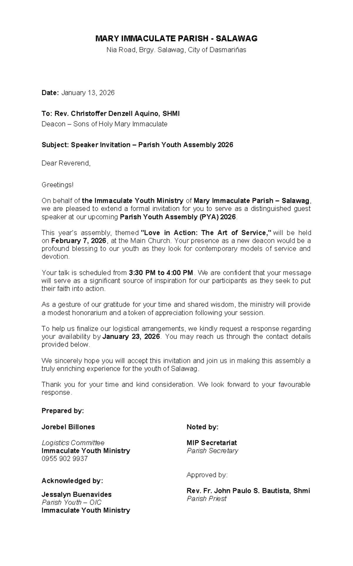 Letter of Invitation for PYA 2026 Speakers - Rev. Denzell - Studocu