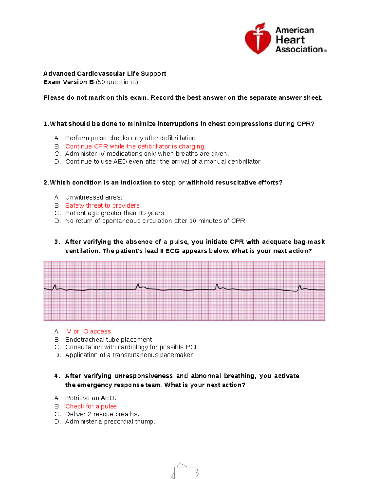 ACLS Exam Version B: 50 Questions on Advanced Cardiovascular Life ...