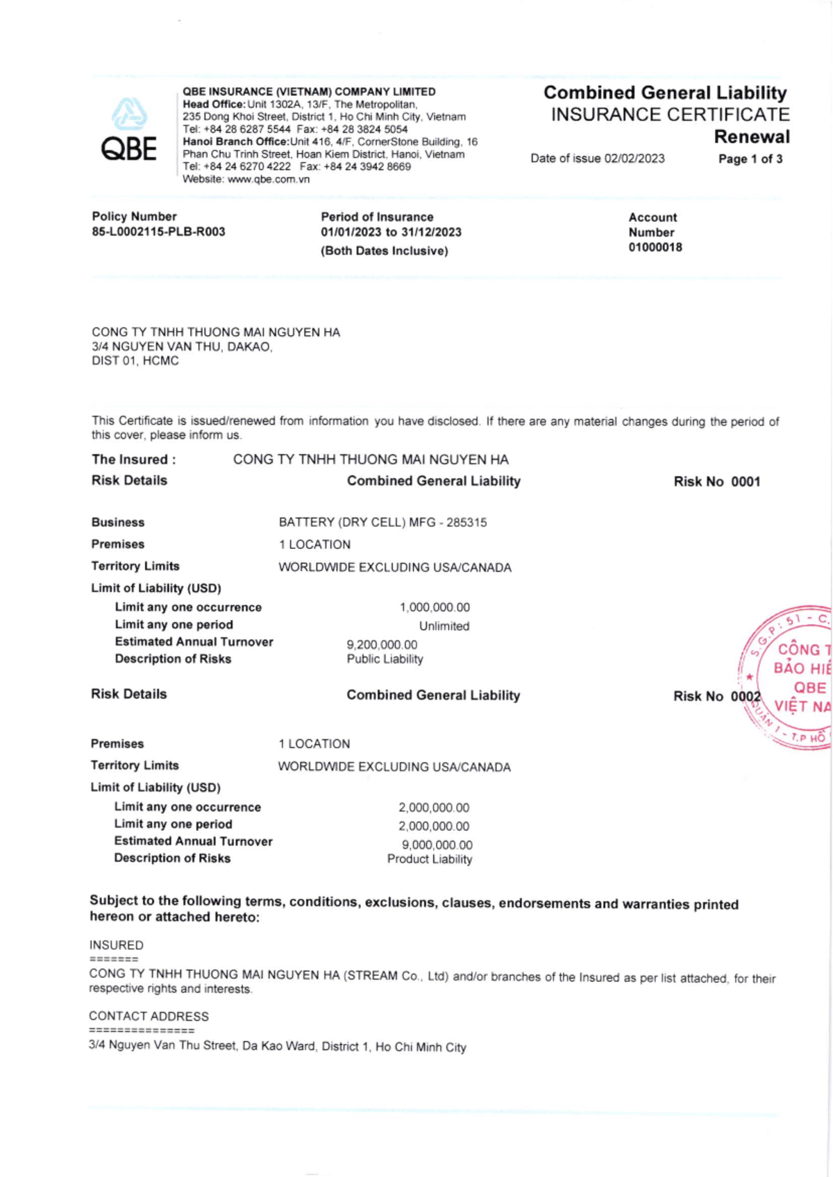 QBE Combined General Liability Insurance Certificate 2023 - Studocu