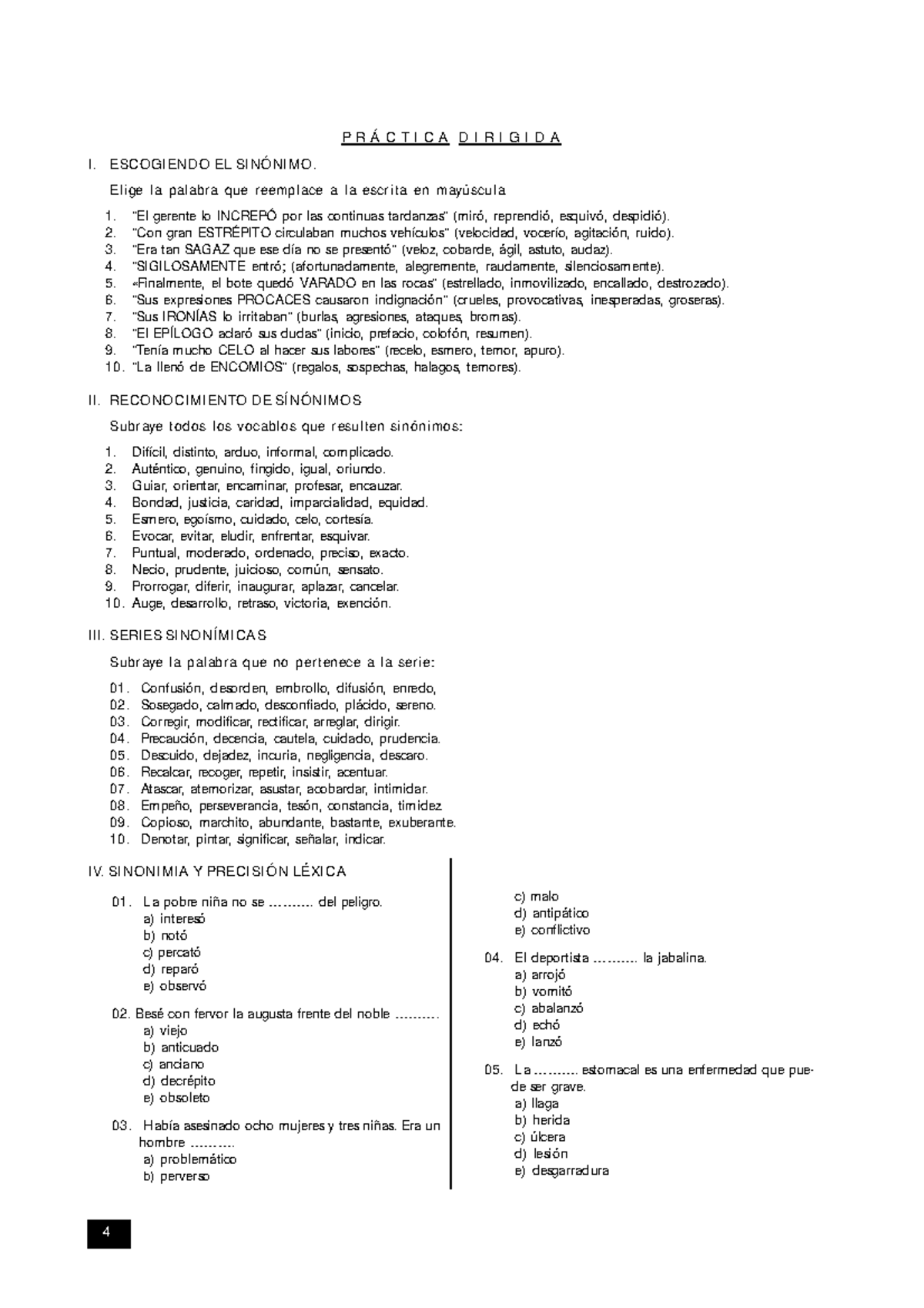 Banco de Preguntas de Sinónimos - PRÁCTICA DIRIGIDA I - Studocu