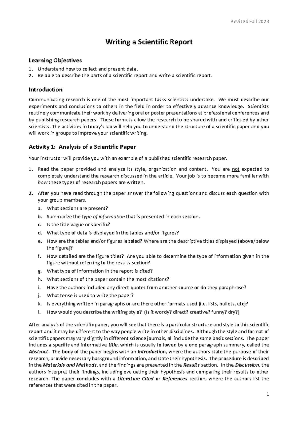 BIOL 1107 Lab Writing a Scientific Report Guide - Fall 2023 - Studocu