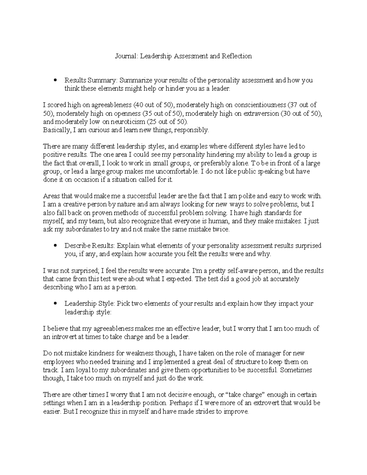 Leadership Assessment Journal: Reflection on Style & Personality Traits ...