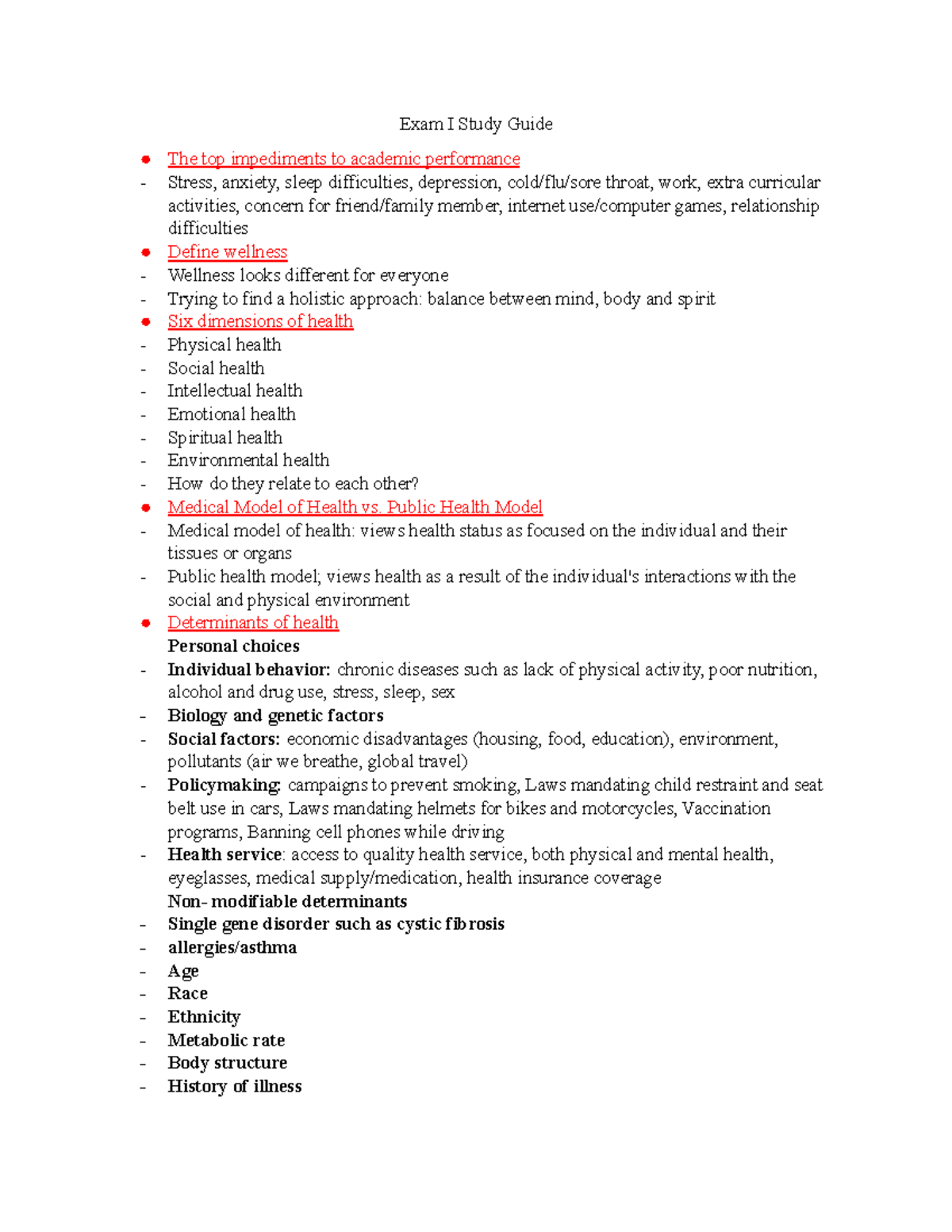 Health and Wellness Exam I Study Guide: Key Concepts and Insights - Studocu