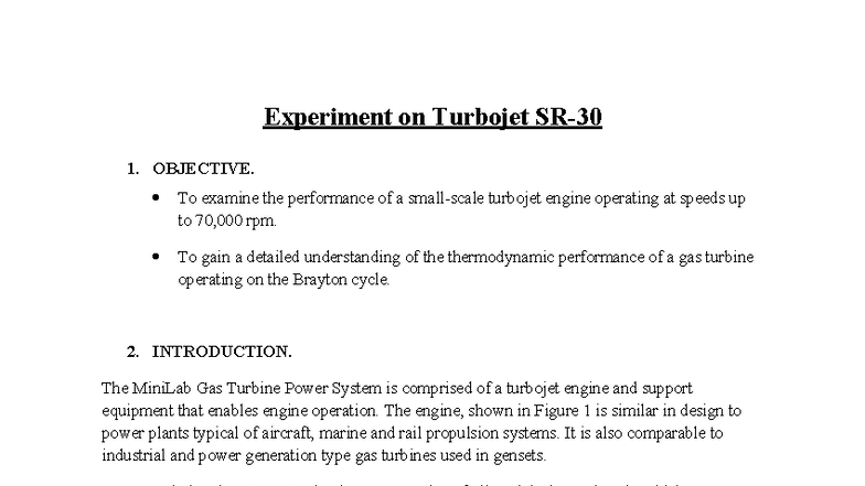 Gas Turbine Engine Lab Report - Experiment on Turbojet Performance ...
