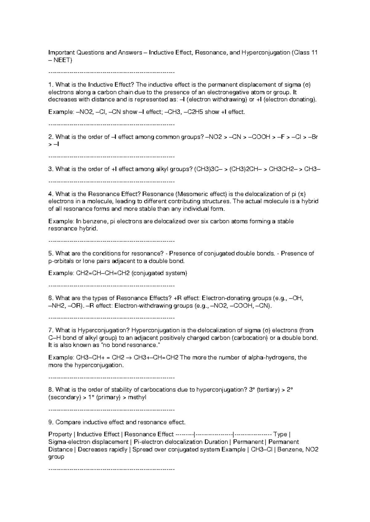 Important Questions on Inductive Effect, Resonance & Hyperconjugation ...