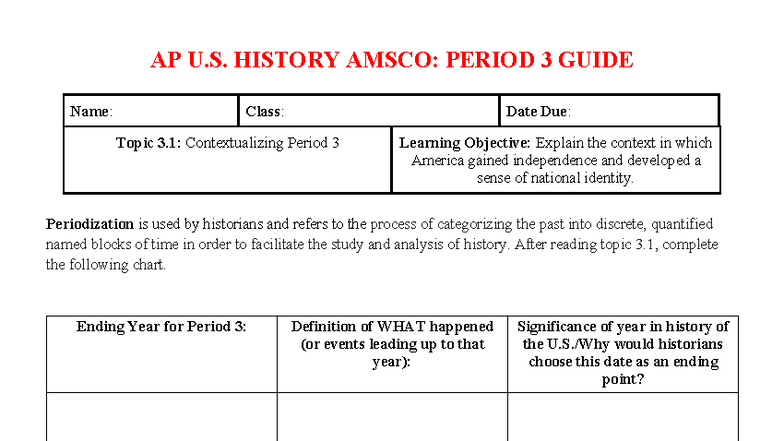 AP U.S. HISTORY AMSCO: PERIOD 3 READING GUIDE & STUDY NOTES - Studocu
