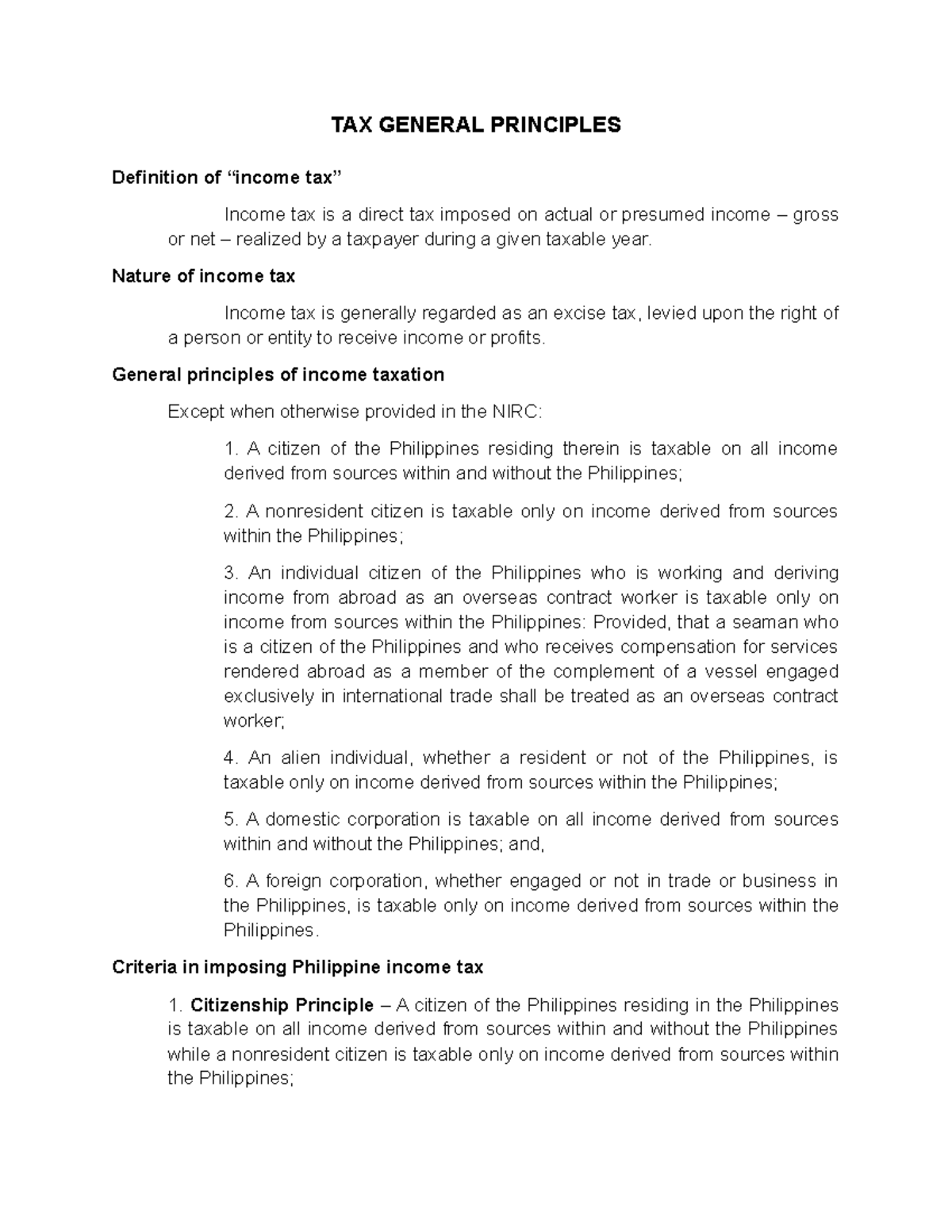 TAX General Principles - TAX GENERAL PRINCIPLES Definition of “income ...