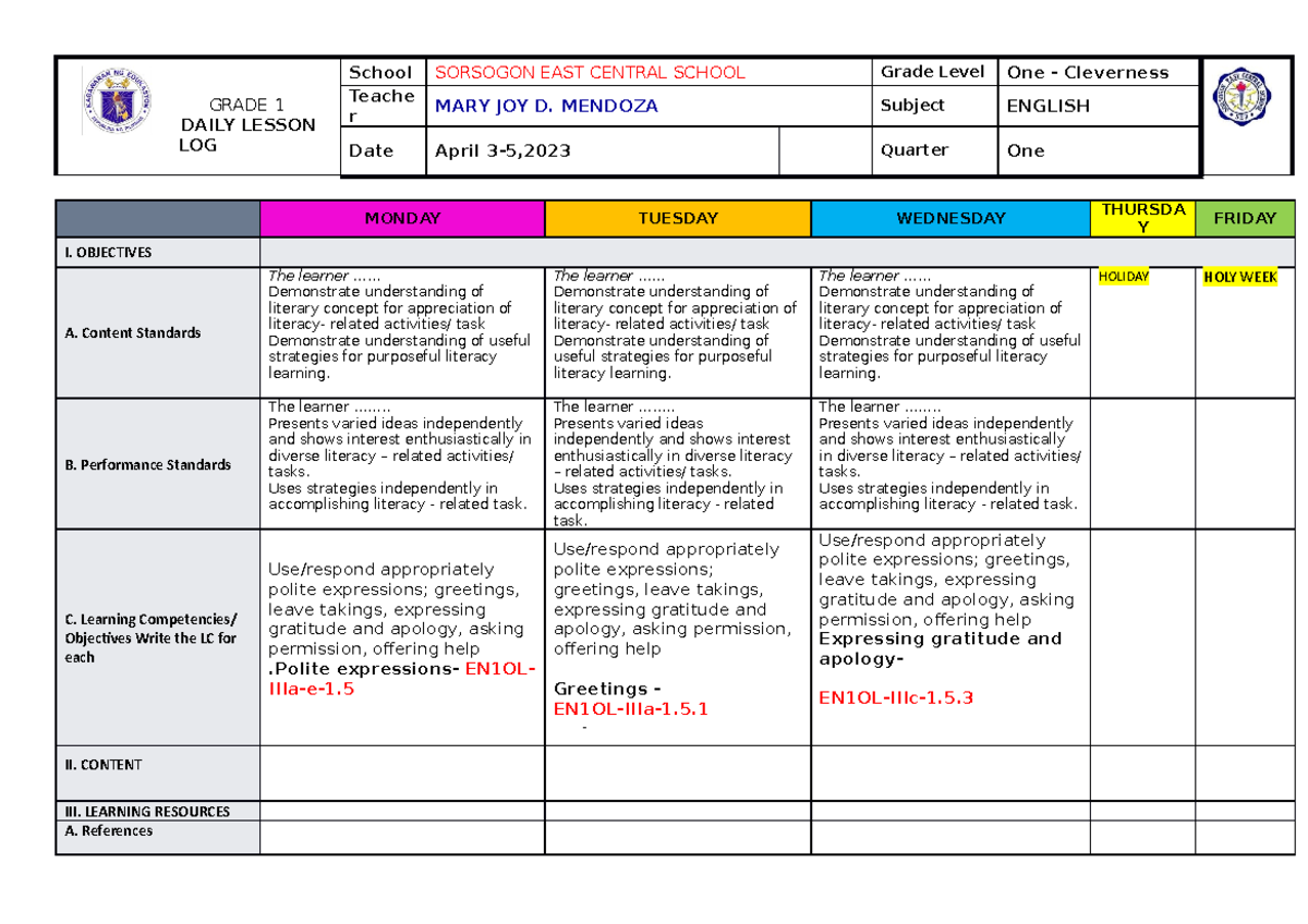 English Third Quarter WEEK 2 - GRADE 1 DAILY LESSON LOG School SORSOGON ...