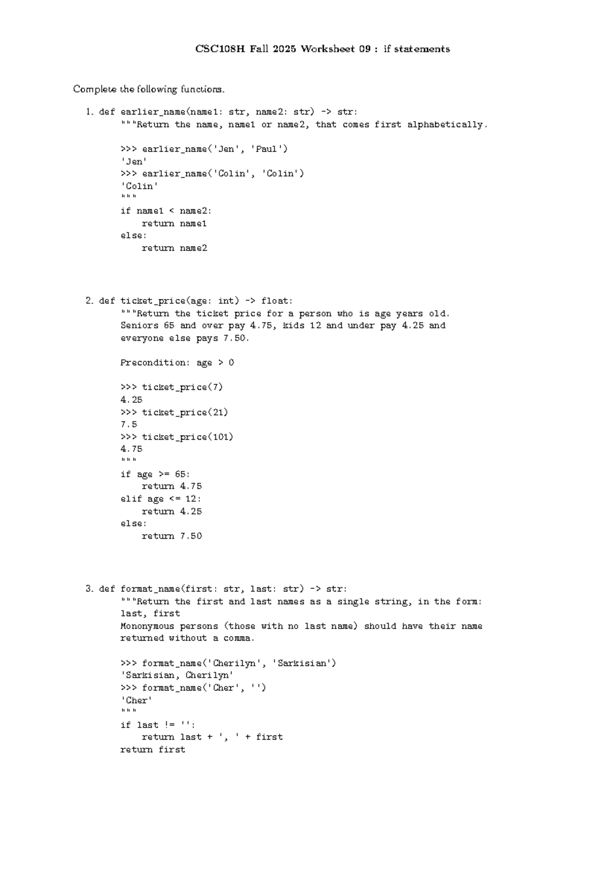 CSC108H Fall 2025 Worksheet Solutions: Functions & Strings - Studocu