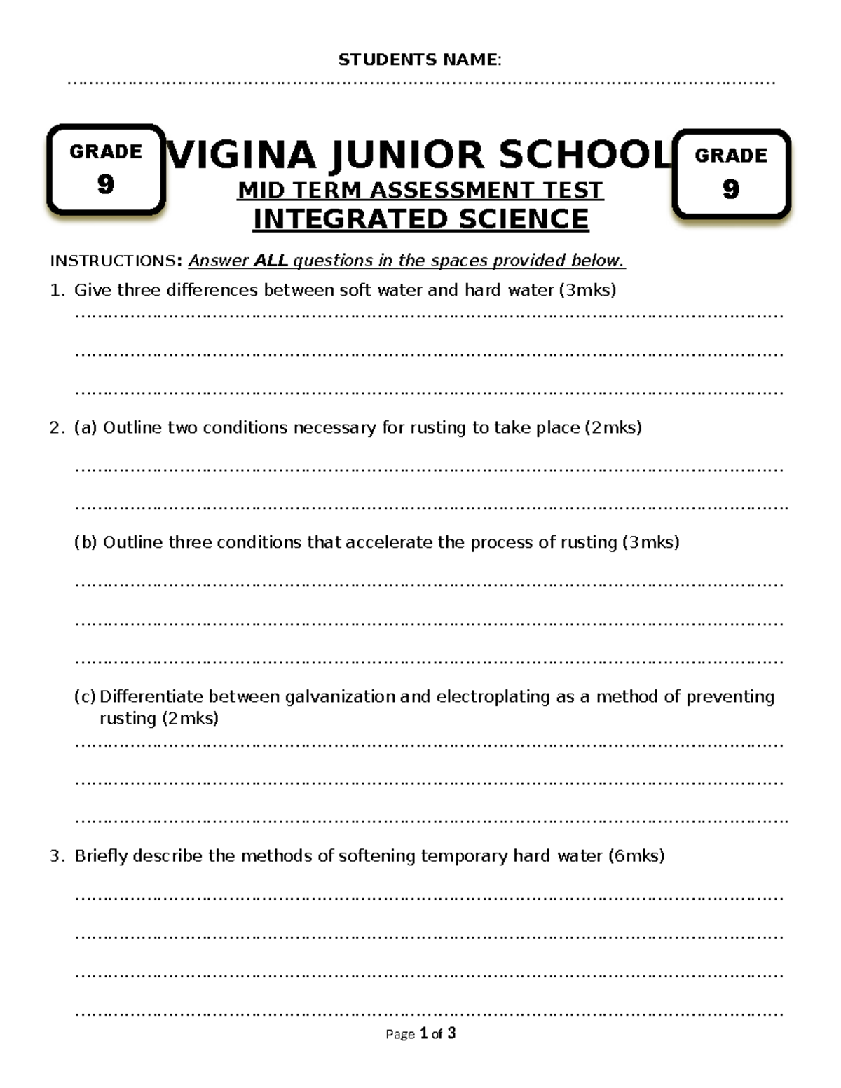Grade 9 Integrated Science Mid Term Assessment Test - Studocu