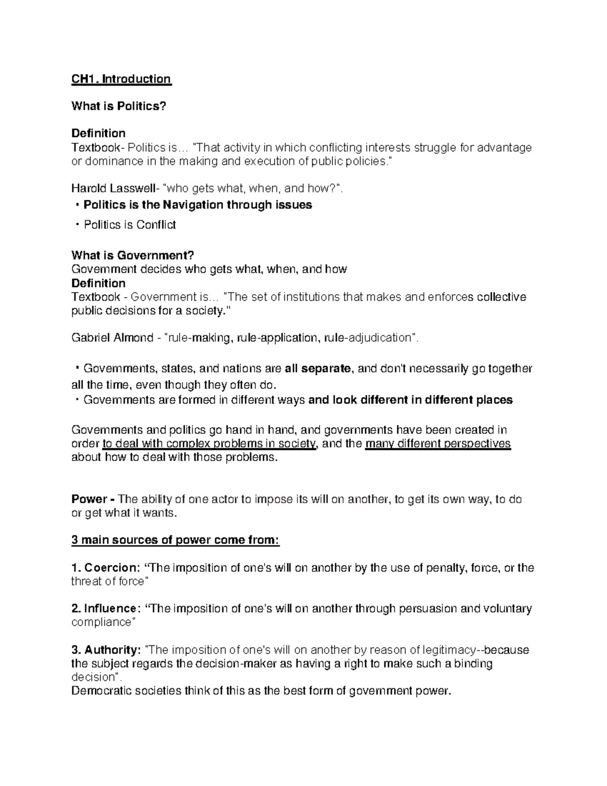 Chapter 1 Notes: Introduction to Politics and Government (POL101) - Studocu