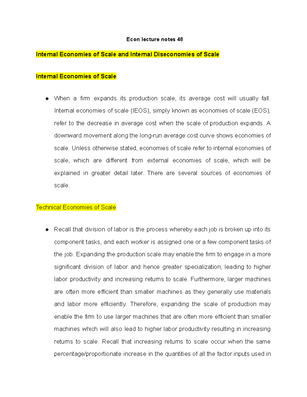 Econ Lecture Notes 48: Internal Economies & Diseconomies of Scale - Studocu