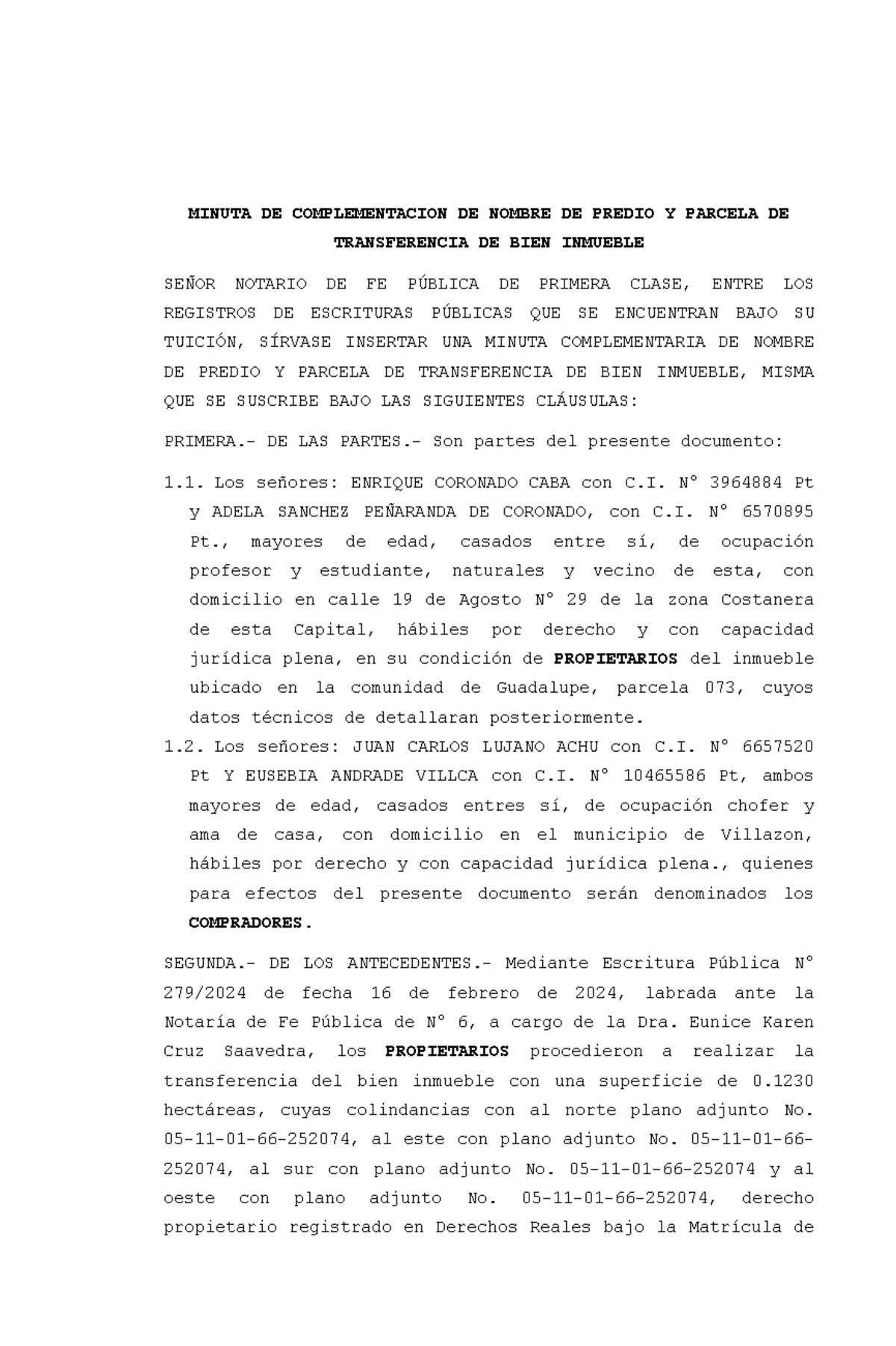 Minuta Complementaria de Transferencia de Bien Inmueble - 2024 - Studocu