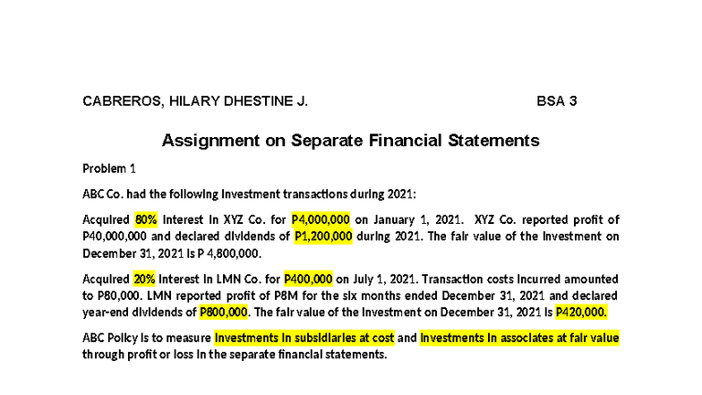 BSA 3 Assignment: Separate Financial Statements Analysis - Studocu