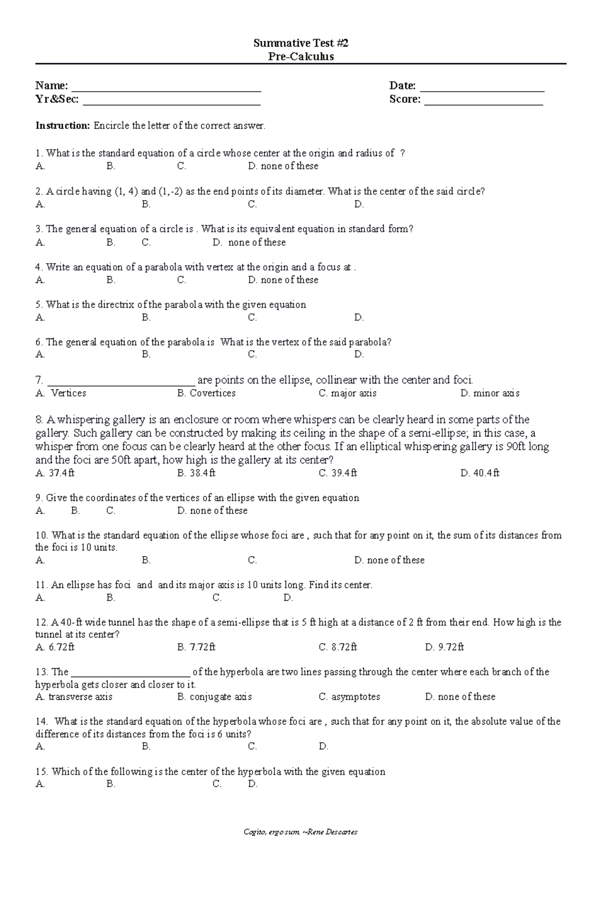 Pre-Calculus MC Test: Multiple Choice on Conic Sections - Studocu