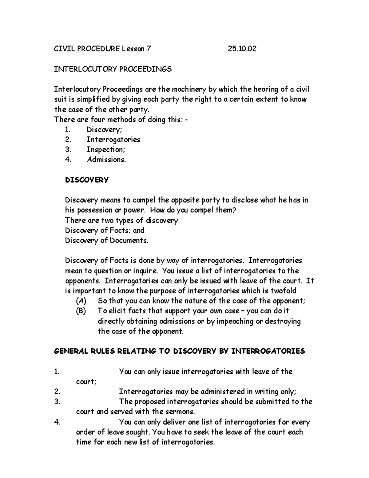 CIVIL PROCEDURE (Lesson 7): Overview of Interlocutory Proceedings - Studocu