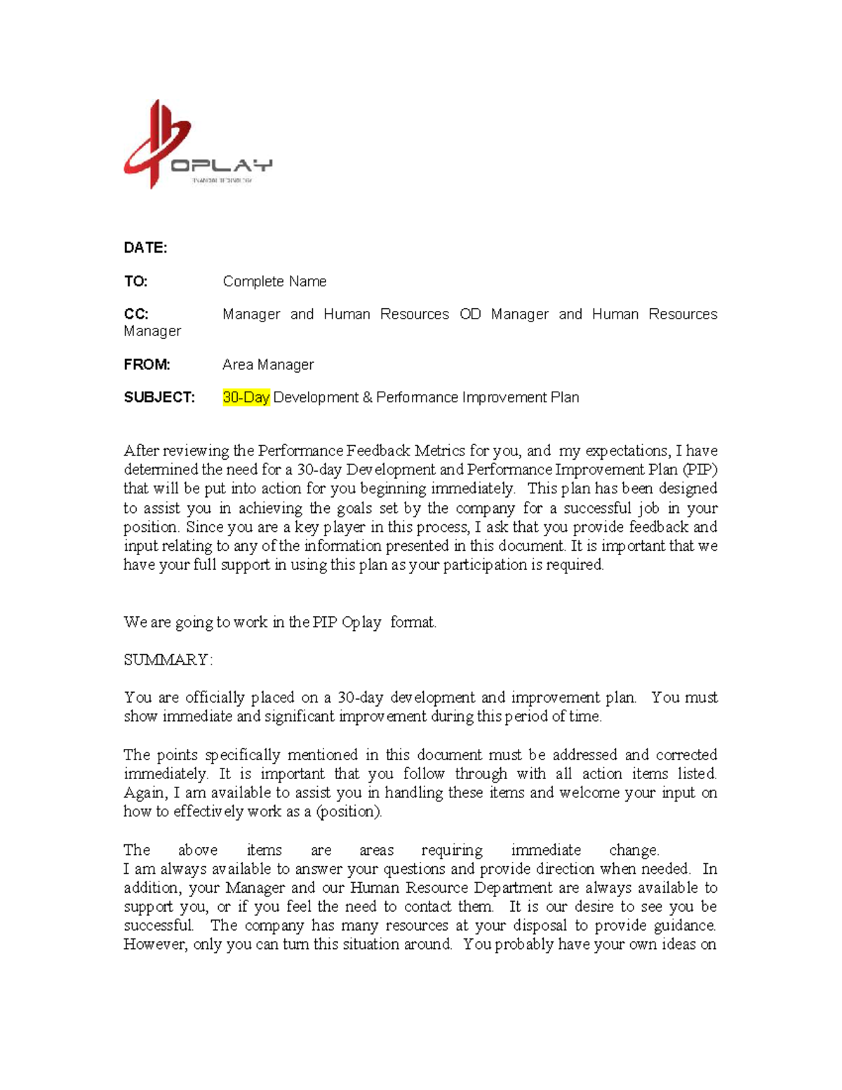 Acknowledgement of PIP - Performance Improvement Plan - Studocu