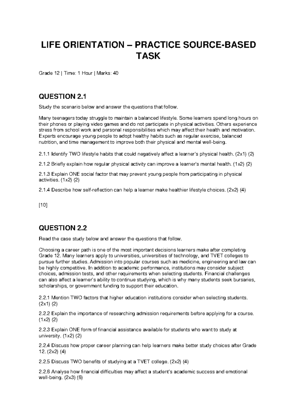 Grade 12 LO Practice Task: Lifestyle & Career Choices Analysis - Studocu