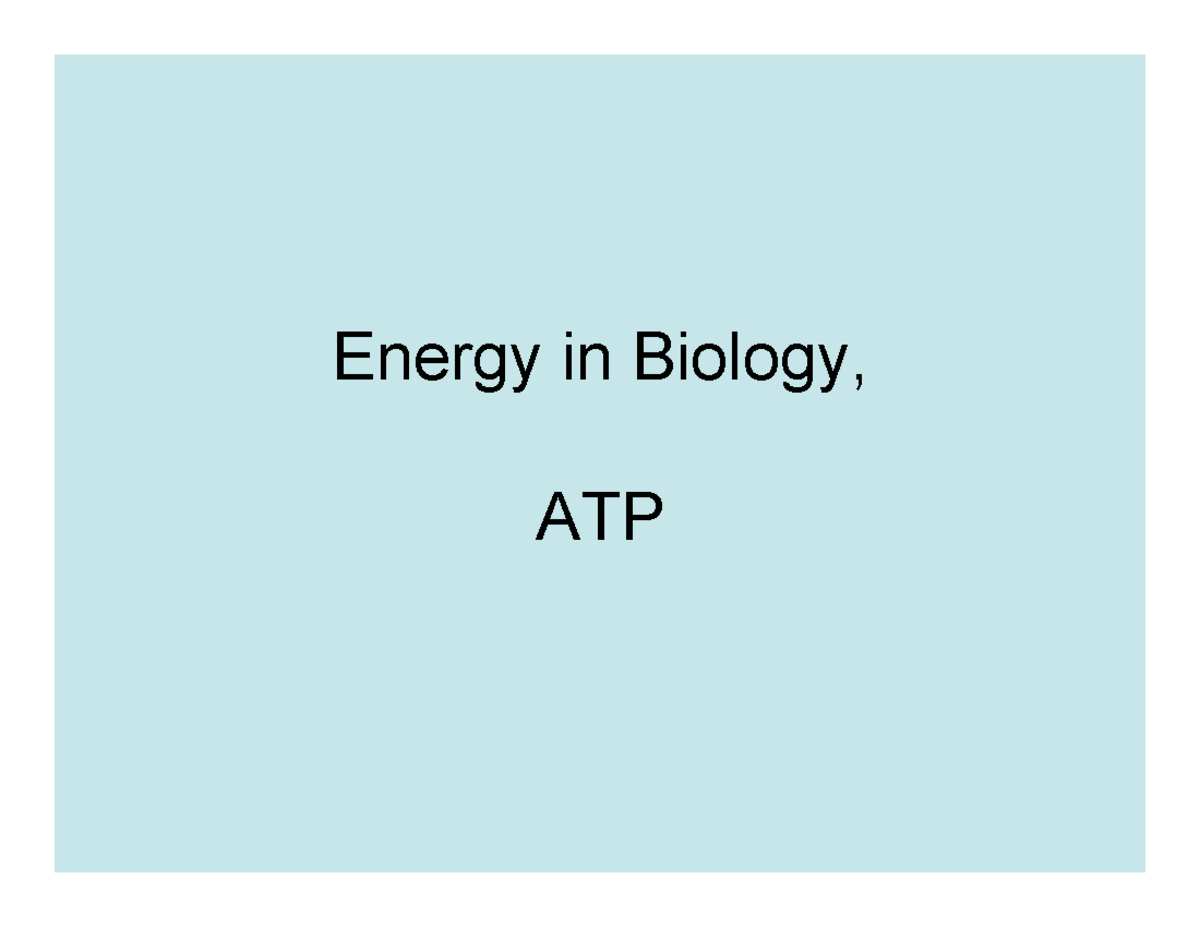 BIO 202 Lecture 8 - Energy in Biology, ATP Many enzymes require energy ...