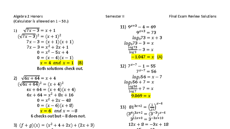 Algebra 2 Honors Semester II Final Exam Review Solutions - Studocu