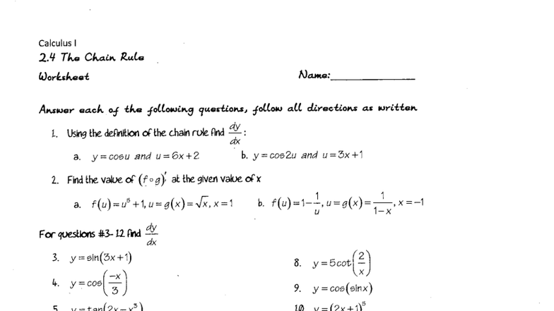 AP BC - 3.1 Chain Rule Worksheet and Solutions - Studocu