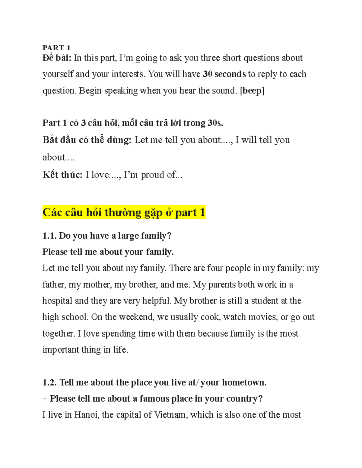 Part 1: Common Questions and Answers About Yourself - Studocu