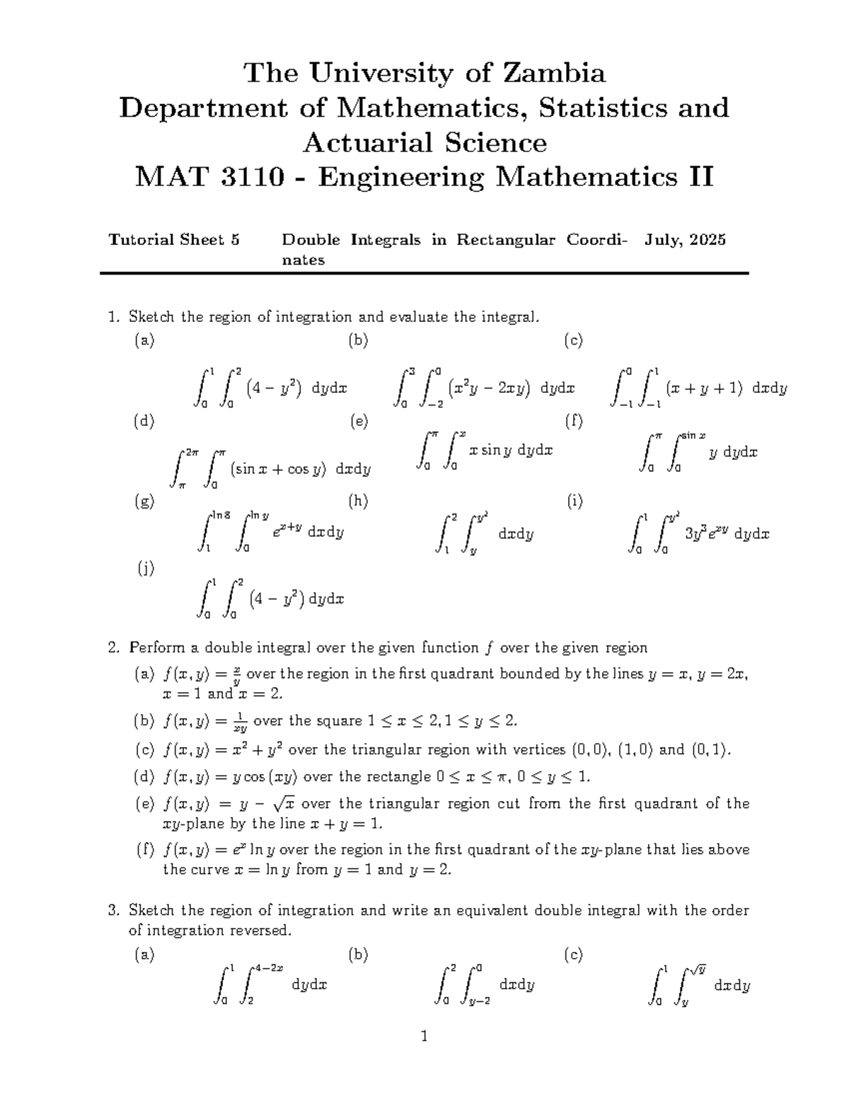 MAT 3110 Engineering Mathematics II Tutorial Sheet 5: Double Integrals ...