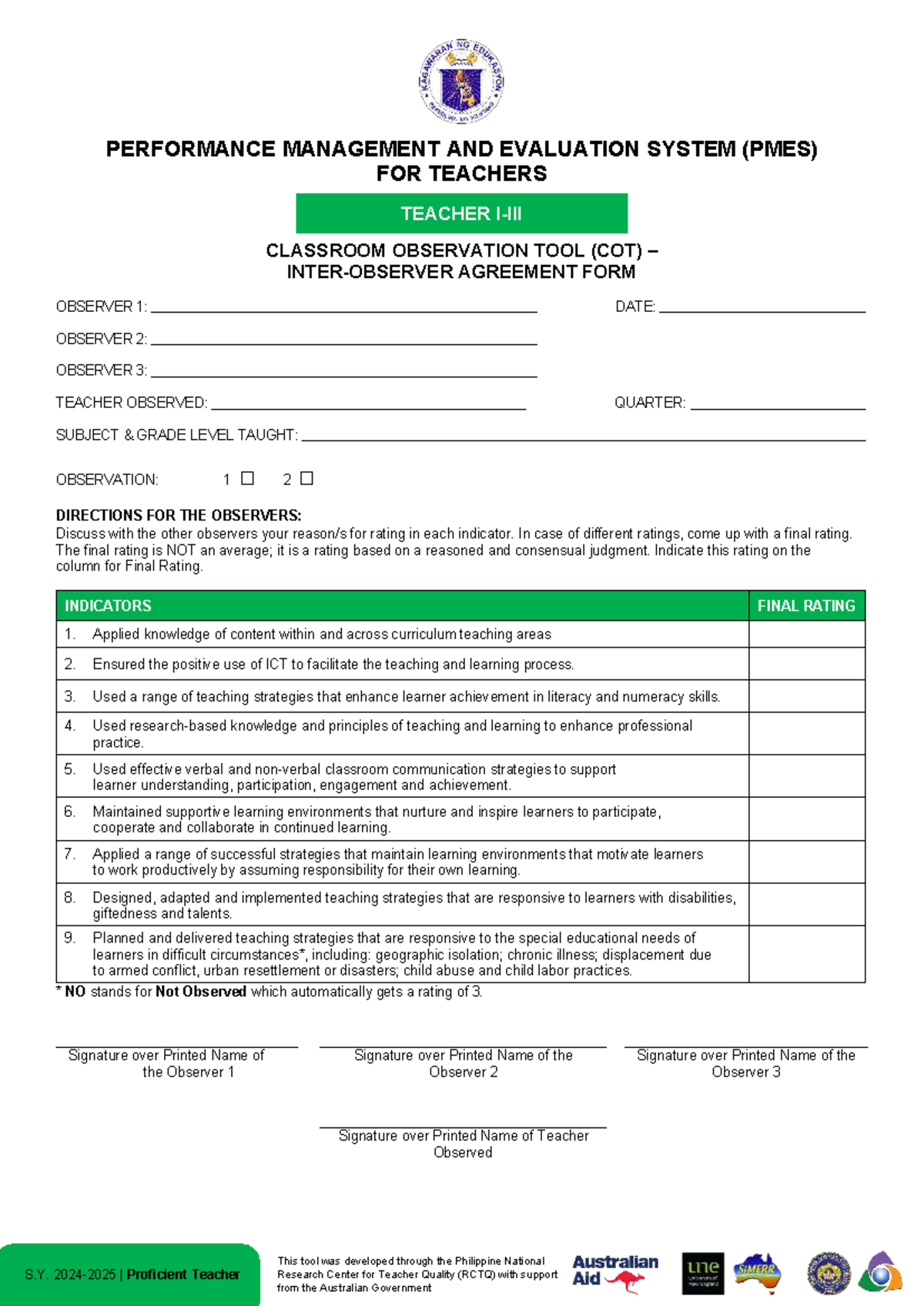 COT Inter-Observer Agreement Form for Proficient Teacher SY 2024-2025 ...