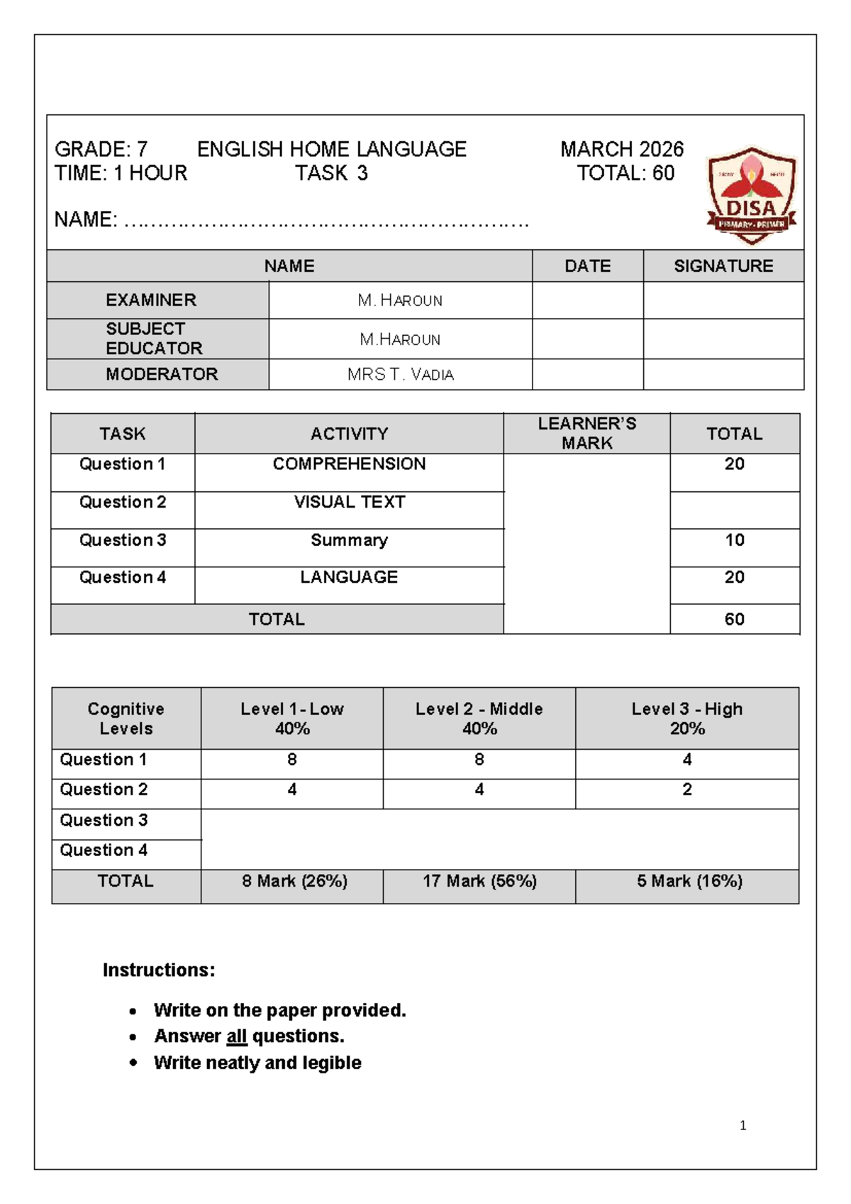 TASK 3: GRADE 7 ENGLISH HOME LANGUAGE COMPREHENSION & LANGUAGE EXAM ...