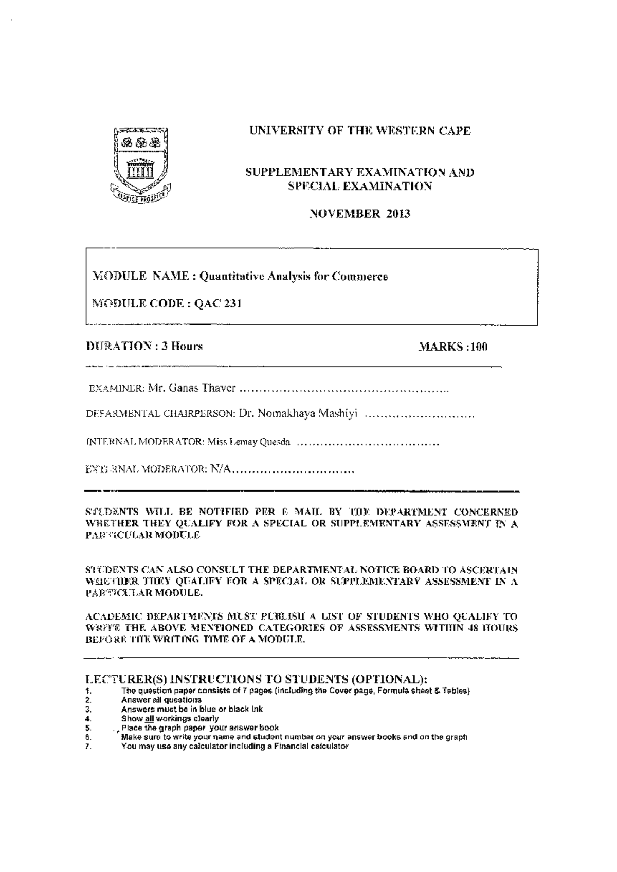QAC231 2013 11 sp - practice - UNIVERSITY OF THE WESTERN CAPE ...