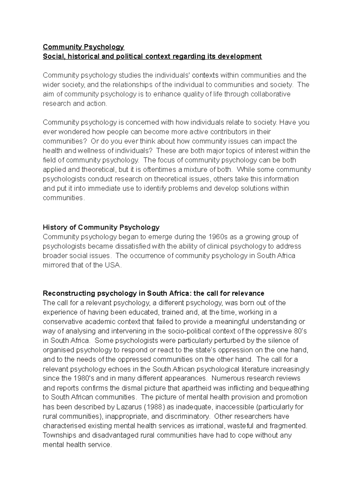 Community Psychology exam - Community Psychology Social, historical and ...