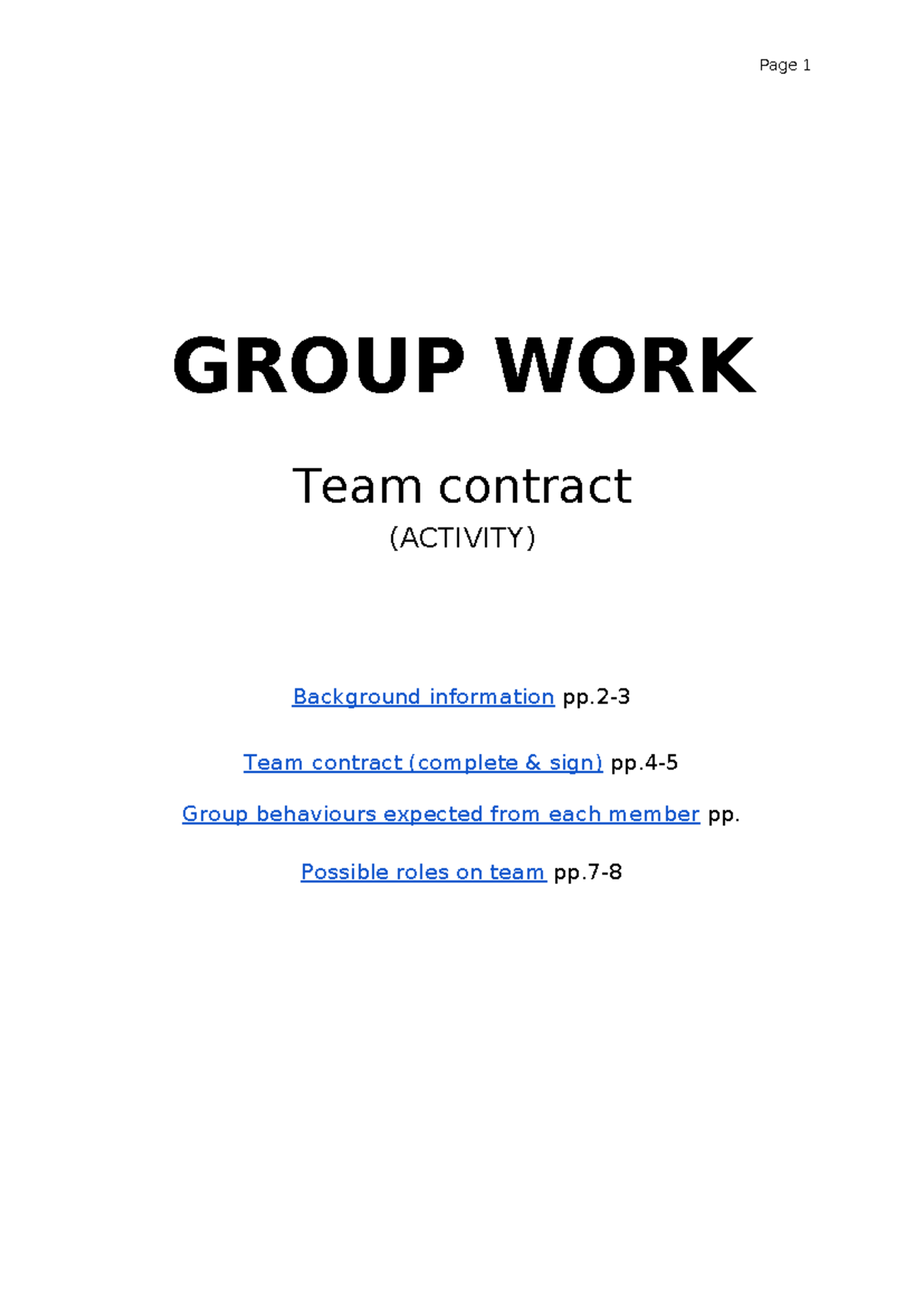 Group Work Contract (Activity) - GROUP WORK Team contract (ACTIVITY ...