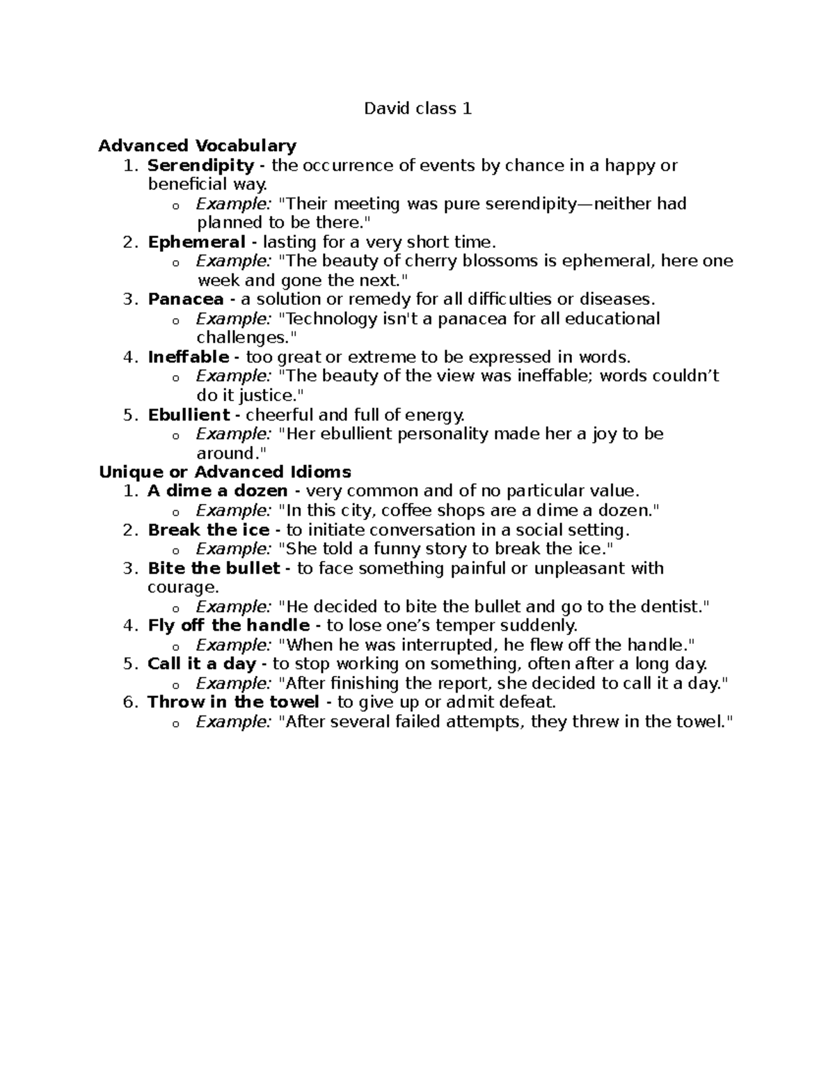 David Class 1 - Advanced Vocabulary & Unique Idioms Notes - Studocu