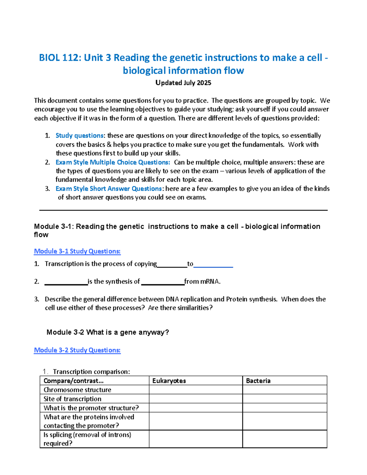 BIOL 112: Unit 3 Practice Questions on Genetic Instructions and Cell ...