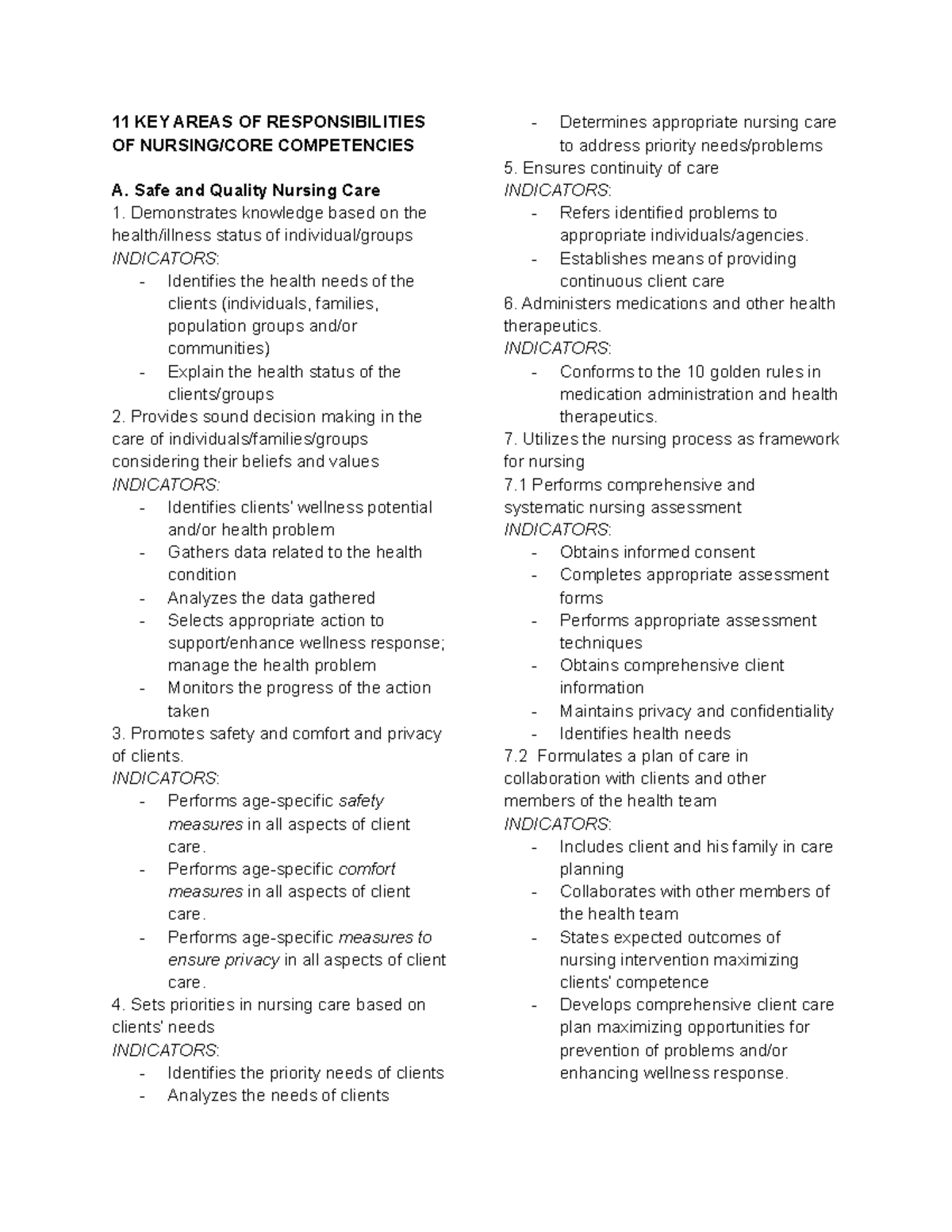 11 KEY Areas OF Responsibilities OF Nursing CORE Competencies AND CORE ...