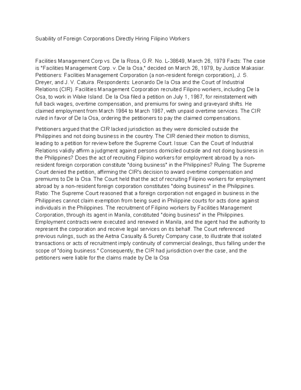 Suability of Foreign Corporations Hiring Filipino Workers: Facilities ...